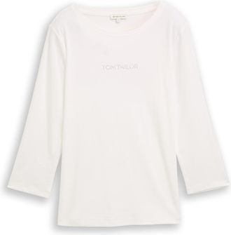 Tom Tailor Damen 1048941 Slim Fit Langarmshirt mit Glitzer-Logo, 10315-Whisper White, L
