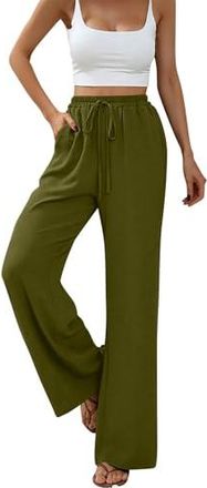 Generic Pantalon en lin pour femme - Long - D&eacute;contract&eacute; - A&eacute;r&eacute; - Jambes larges - Pantalon en lin - Taille haute - Avec cordon de serrage - Couleur unie - Avec