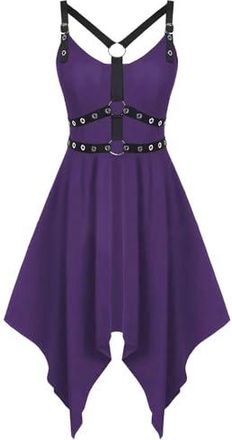 Generic Robe Gothique Femme Mini Robe Sexy Vintage Punk Robe à Bretelles Ourlet Irrégulier Soirée Party Club Robe Halloween Gothique Noir,Violet,S