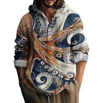 Generic Sweat &agrave; capuche pour homme - Style d&eacute;contract&eacute; - Manches longues - Imprim&eacute; hawa&iuml;en - Coupe ample - Demi-bouton - En lin - L&eacute;g&egrave;re, respirante et confor