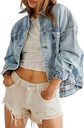 Generic Veste en jean surdimensionn&eacute;e l&eacute;g&egrave;re &agrave; manches chauve-souris pour femme, veste en jean d&eacute;contract&eacute;e pour lautomne, bleu clair, XL