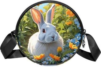Generic Petit sac &agrave; bandouli&egrave;re circulaire pour femme, motif floral, lapin, sac &agrave; dos &agrave; bandouli&egrave;re avec fermeture &eacute;clair, bretelles r&eacute;glables, sac &agrave; main ron