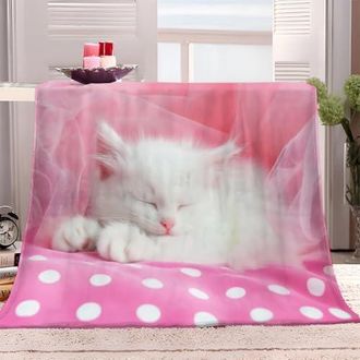 Generic Animal Chat Blanc Couverture Rose Plaid Canape Grande Taille Rose Plaid Polaire, Couverture et Plaid Canapé Grande Taille en Flanelle Douce et Chaude,