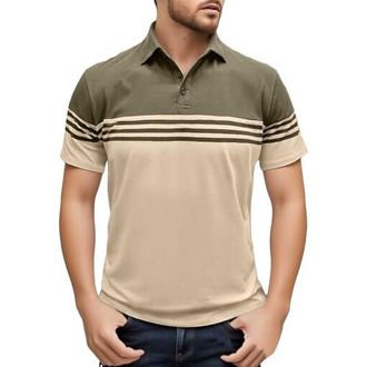 Generic Polo Homme Printemps et &Eacute;t&eacute; Mode D&eacute;contract&eacute;e Manches Courtes Chemise Ray&eacute;e Revers T-shirt Couleur Assortie Haut, Vert arm&eacute;e., XXL