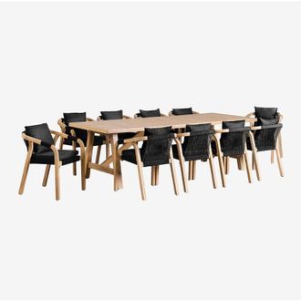 Sklum Set aus rechteckigem Tisch (260x100 cm) und 10 Esszimmerst&uuml;hlen aus Akazienholz Dubai Grau Graphit Rustikales Akazienbraun - Sklum