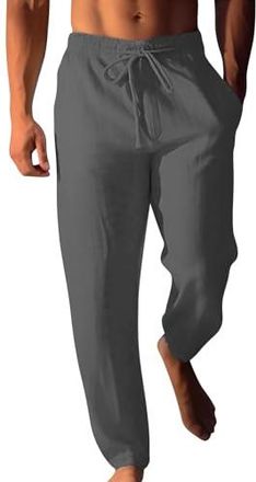 Generic Pantalon droit en lin pour homme - Taille &eacute;lastique - Coupe ample - Pantalon d&eacute;contract&eacute; - Pantalon de surv&ecirc;tement l&eacute;ger - Cordon de serrage - Pantalo