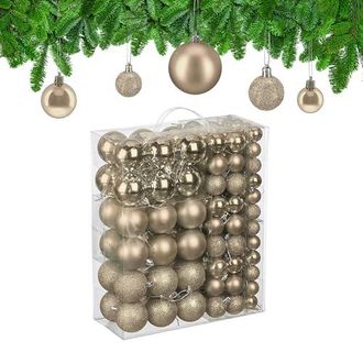 Relaxdays Weihnachtskugeln 138er Set, Kunststoff, glitzernde, Matte, gl&auml;nzende Baumkugeln, Christbaumschmuck, Champagner