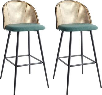 Beliani Lot de 2 Chaises de Bar Rétro en Métal Noir Dossier Tresse Viennoise Assise en Tissu Vert Cornell