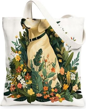 Generic Sac fourre-tout en toile r&eacute;utilisable avec motif labrador retriever pour faire du shopping, 33 x 38,1 cm, motif imprim&eacute; floral, chiot amusant, pour fe