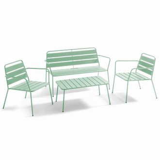 Oviala Salon de jardin 4 places et 1 table basse en acier vert sauge - Palavas