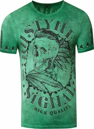 Rusty Neal Herren T-Shirt Skull Totenkopf Verwaschen Total Front Print Rundhals Stretch 260, Farbe:Gr&uuml;n, Gr&ouml;&szlig;e:L