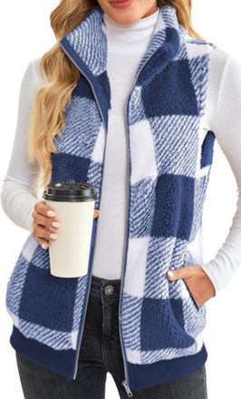 EUDOLAH Damens Fleece Weste mit Rei&szlig;verschluss im Karo-Muster Warme Steppweste mit Stehkragen in Langer Weiter Passform f&uuml;r Winter und Freizeit(XXL,Blau)