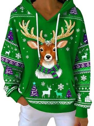 Generic Sweat à capuche de Noël pour femme - Imprimé Père Noël amusant - Col en V - Manches longues - Pour Noël - Cadeau de Noël, Vert, 3XL