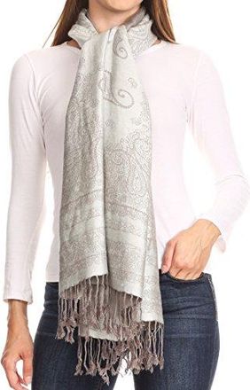 Sakkas FUPashPais95AG Lightweight &Eacute;charpe/&Eacute;tole/enveloppe Pashmina &agrave; deux tons Paisley Design - Blanc/Gris