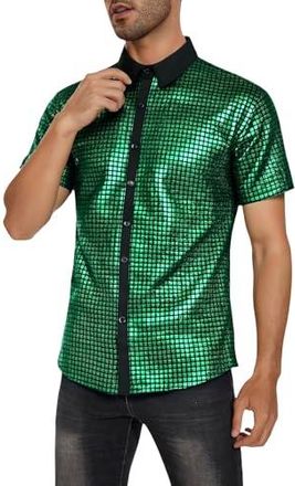Generic Robe scintillante &agrave; manches courtes et col &agrave; revers pour homme - Chemise &agrave; boutons &agrave; paillettes - Coupe ajust&eacute;e - Doux &agrave; porter - Costume disco brilla
