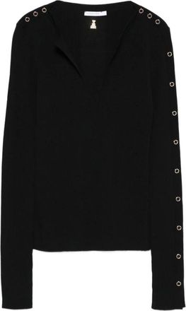 Patrizia Pepe Femme, Pulls, Noir, Taille: 36 FR Pull en maille c&ocirc;tel&eacute;e &agrave; col en V
