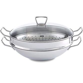 FISSLER Nanjing/Edelstahl-Wok (Ø 36 cm) große Wok-Pfanne unbeschichtet,Asiapfanne mit Glas-Deckel, inkl. Dämpfeinsatz, alle Herdarten - auch Induktion