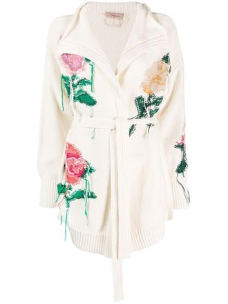 Twin-Set Intarsien-Cardigan mit Blumen - Wei&szlig;