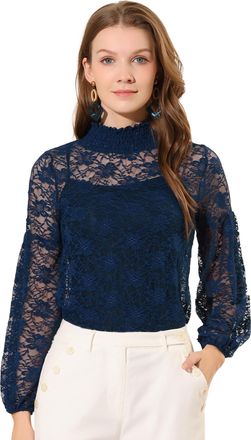 Allegra K Damen Spitze Spitzenbluse Langarm Stehkragen R&uuml;schen Blumen Top Bluse Dunkelblaue S