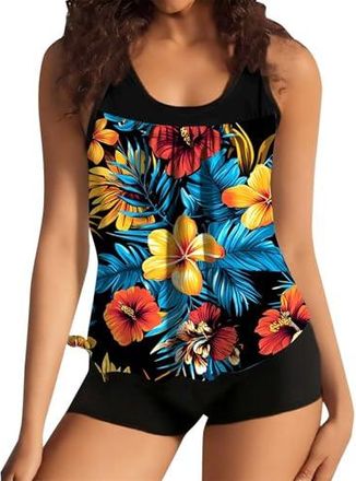 Generic Ensemble tankini imprim&eacute; conservateur pour femme - Maillot de bain fendu &agrave; motif floral avec coussinets de soutien-gorge int&eacute;gr&eacute;s et short boyshort, m