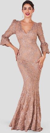 Goddiva Maxikleid Scalloped Lace Maxi Dress Spitzenstoff, V-Ausschnitt, 3/4-Ärmel, Wellenkante, weich fließend