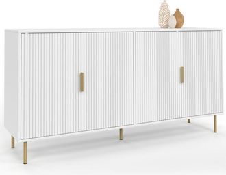 IDMarket Buffet 160 cm MARCEL 4 portes blanc effet lattes et finitions dor&eacute;es