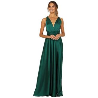 Jamron Femme El&eacute;gant Col en V Profond Robe Satin de Soir&eacute;e Multi Way Robe Portefeuille Robe de Bal Maxi Longue Vert SN0703227 XXL