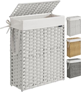 Songmics ULCB164W01 schlanker Wäschekorb mit Deckel, 55 l, Rattan-Wäschekorb mit Deckel und Griffen, faltbar, herausnehmbares Futter, Wolkenweiß (Cloud White)