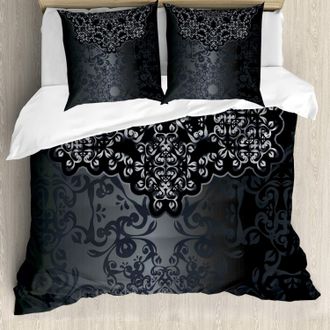 Abakuhaus Dunkelgrau Bettbezug Set, Vintage Damast, Milbensicher Allergiker geeignet mit Kissenbezügen, 200 cm x 200 cm - 80 x 80 cm, Dimgrey Schwarz Braun