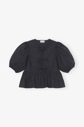 Ganni schwarz Peplum-Bluse aus Baumwollpopeline mit Bindeband Bio-Baumwolle - Gr&ouml;&szlig;e 32
