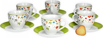 Van Well Vario Kaffeeset 12-teilig - 6 Tassen 200 ml mit 6 Untertassen Ø14,5 cm, Porzellan mit Blumenmotiv, spülmaschinen- & mikrowellengeeignet