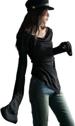 Generic QXDZSW T-shirt vintage irr&eacute;gulier pour femme Streetwear pliss&eacute; Patchwork Slim Fit Tees &eacute;vas&eacute;es &agrave; manches longues et col &eacute;chancr&eacute;, Noir, XL