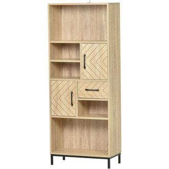 HOMCOM Homcom - Biblliothèque 2 étagères 3 niches 2 placards + tiroir panneaux particules mdf chêne clair motif graphique métal noir