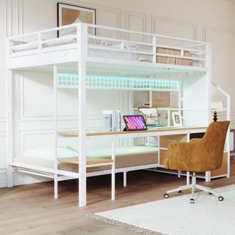 Merax Metall-Hochbett mit Schreibtisch, LED-Beleuchtung und Steckdosen, Oberbett 140x200 cm und Unterbett 90x200 cm, mit offenem Stauraum, platzsparendes, W