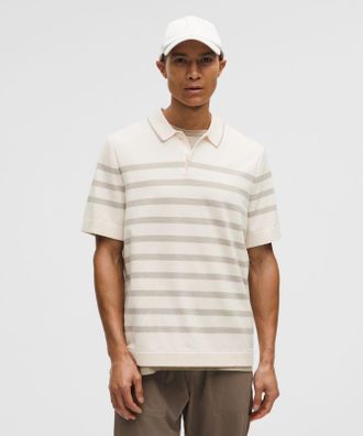lululemon New Venture Kurz&auml;rmliges Strick-Poloshirt f&uuml;r M&auml;nner - Gr&ouml;&szlig;e XL in Bone/Heathered Porcelain Beige