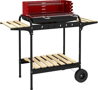 OUTSUNNY Barbecue &agrave; charbon sur pied grille r&eacute;glable 2 roues 3 &eacute;tag&egrave;res r&eacute;cup&eacute;rateur de cendres rouge