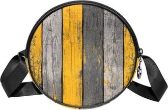 Generic Sac &agrave; bandouli&egrave;re circulaire pour femme, jaune et gris, motif planches de bois d&eacute;grad&eacute;, petit sac &agrave; dos &agrave; bandouli&egrave;re avec fermeture &eacute;clair, bretelles