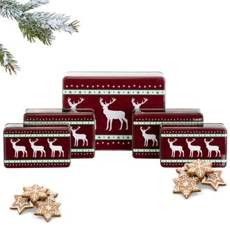 Brandsseller 5er Set Keksdosen aus Metall - Weihnachtsdosen mit Deckel, lebensmittelechte Vorratsdosen f&uuml;r Pl&auml;tzchen, Geb&auml;ck & Kekse - Bordeaux Rentier