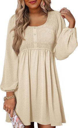 Dokotoo Damen Kleider Musselin Elegant Langarm Freizeitkleider Rundhals A-Linie Midikleid Fr&uuml;hling Sommer Leinenkleid, Aprikose, 2XL