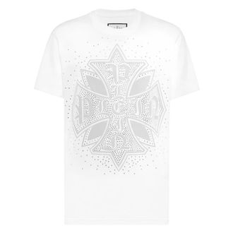 Philipp Plein Homme, Tops, Blanc, Taille: XL T-Shirt Col Rond Plein Cross Stones
