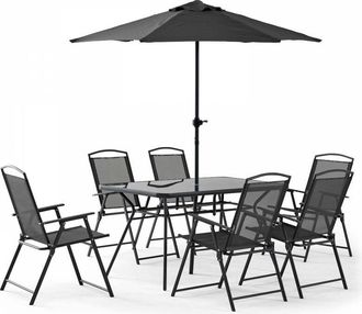 Oviala Salon de jardin table et 6 chaises pliantes avec parasol central
