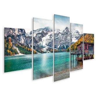 Islandburner Bild Bilder auf Leinwand Bootsh&uuml;tte am Pragser See mit Seekofelberg im Hintergrund. Bunte Herbstlandschaft in den italienischen Alpen, Naturpark Fanes