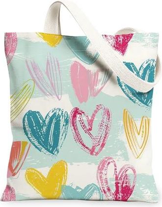 Generic Sacs fourre-tout en toile &agrave; motifs de coeurs color&eacute;s, sacs d&eacute;picerie r&eacute;utilisables, l&eacute;gers et lavables en toile avec bandouli&egrave;re, multicolore, 13x15 I