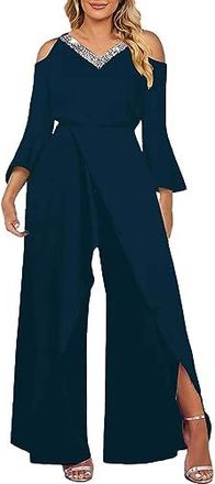 Generic Combinaison fendue &agrave; paillettes solides col en V &eacute;l&eacute;gante jambe large manches cloches sarouel pour femme, noir fonc&eacute;, 3XL