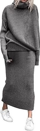 Generic Robe en Tricot Femme 2 Pièces Ensembles Uni Manches Longues Pullover Haut et Jupe Tricoté Pull à Col Roulé Robe Tricotée SurvêTements Automne Et Hiver