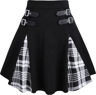 SOLY HUX Damen Kariert Rock Minirock Faltenr&ouml;cke Hohe Taille Freizeitrock Tanzrock A-Linie Partyrock Casualrock Mini Rock Schwarz XXL