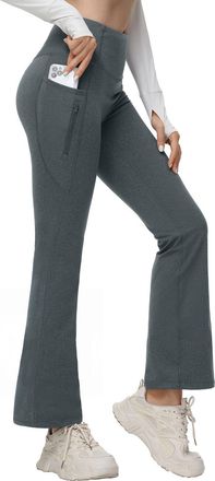 Baleaf Damen Fleece Lined Thermo Yogahose Bootcut Flare Leggings High Waist Warmhose Winterhose Cargohose mit Taschen Floral Grau 2XL