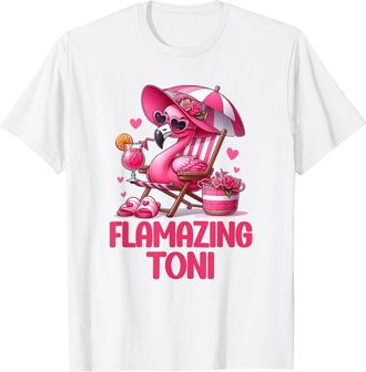 BDAZ Flamazing Toni Pink Flamingo Tropical Beach Trip Damen T-Shirt