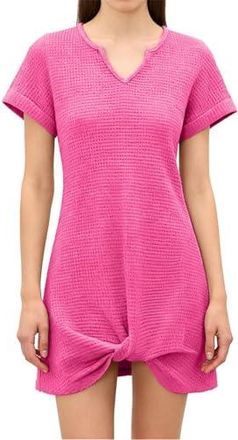 Generic Robe en tricot &agrave; manches courtes et col en V pour femme, coupe ample avec noeud sur le devant, robe sexy et d&eacute;contract&eacute;e, rose vif, XL