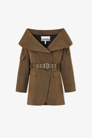 Ganni Blazer en laine m&eacute;lang&eacute;e brun Canteen recycl&eacute; - Taille 36 - Pour Femme